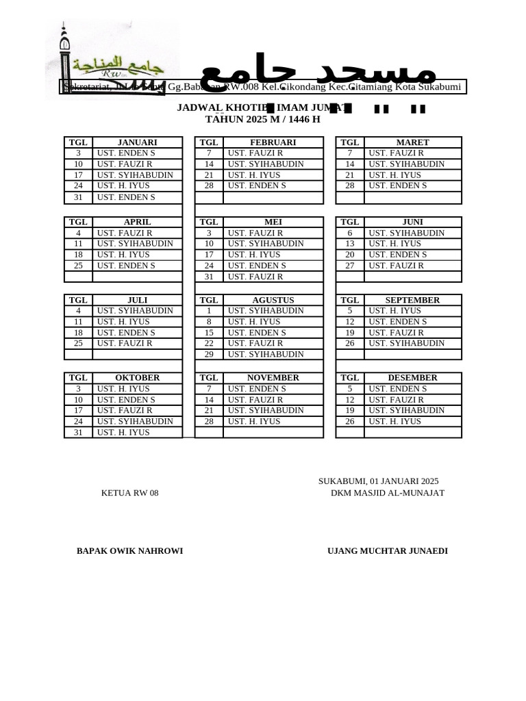 Jadwal Khotib Jumat 2025 | PDF