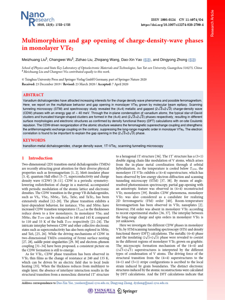Multimorphism and Gap Opening of Charge-Density-Wave Phases in Monolayer VTe2 | PDF ...