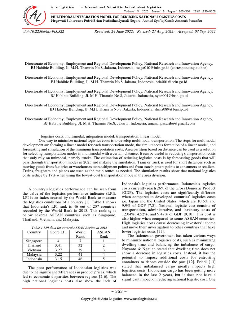 Multimodal Integration Model for Reducin | PDF | Logistics | Dependent ...
