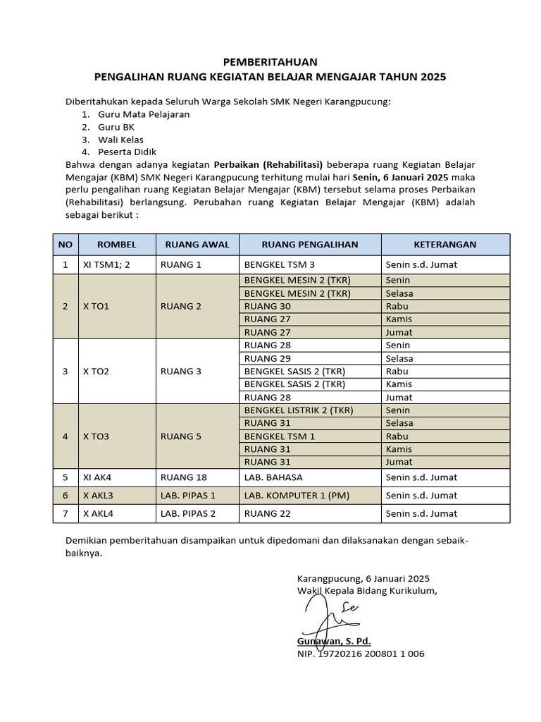 Pengalihan Ruang KBM - SMT GENAP 24-25 | PDF