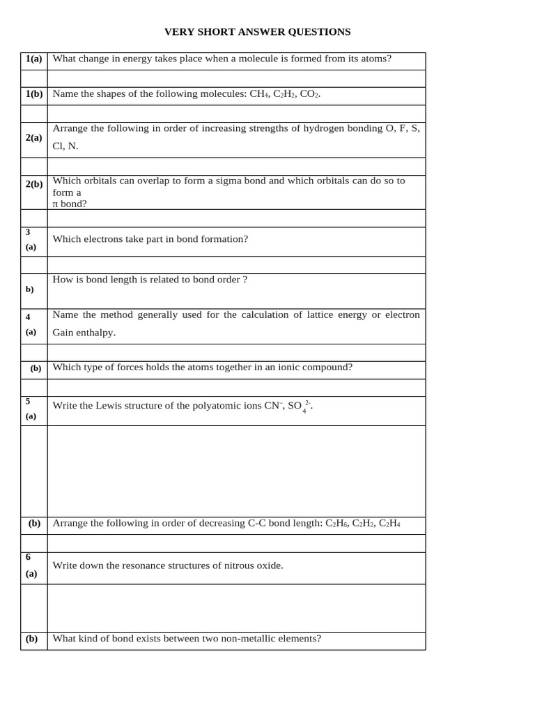 Very Short Answer Questions (Chemical Bonding) | PDF