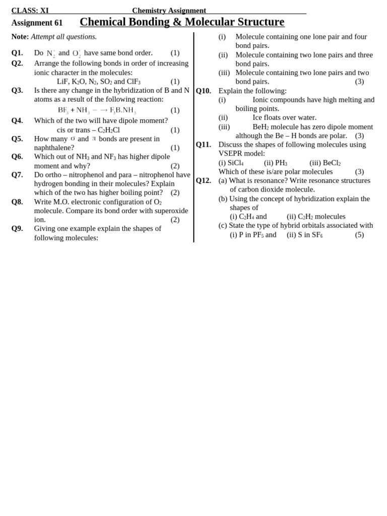 (Assign 61) Chemical Bonding & Molecular Structure +1 Chem | PDF ...