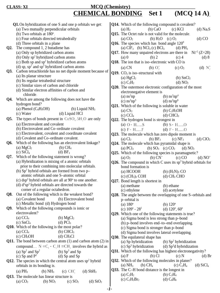 (MCQ 14 A) Chemical Bonding (+1 MCQ) (Set 1 | PDF | Chemical Bond ...