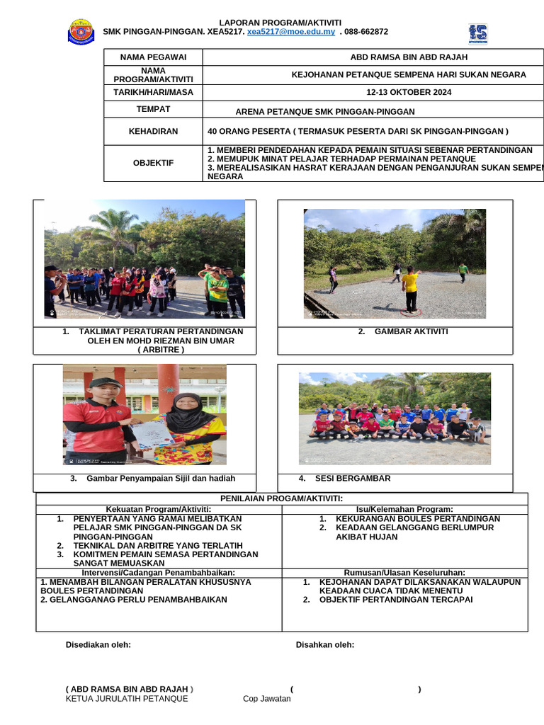 Borang Opr One Page Report Sukan Negara | PDF