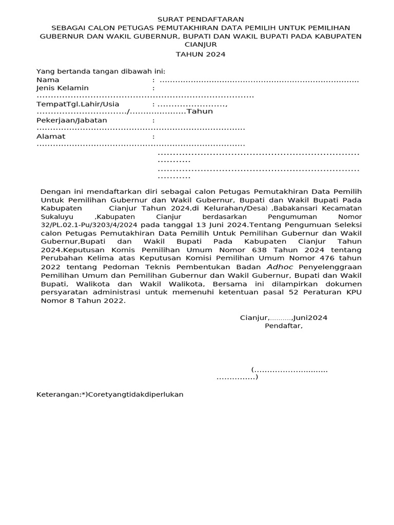 Format PANTARLIH - Pendaftaran, DRH, Dan Surat Pernyartaan PILKADA 2024 ...