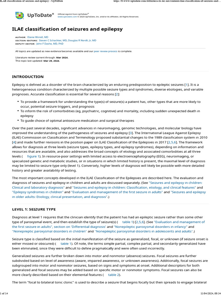 ILAE Classification of Seizures and Epilepsy - UpToDate | PDF ...