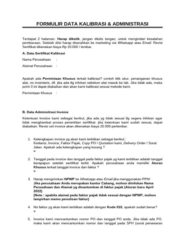 Z. FORMULIR DATA KALIBRASI DAN ADMINISTRASI | PDF