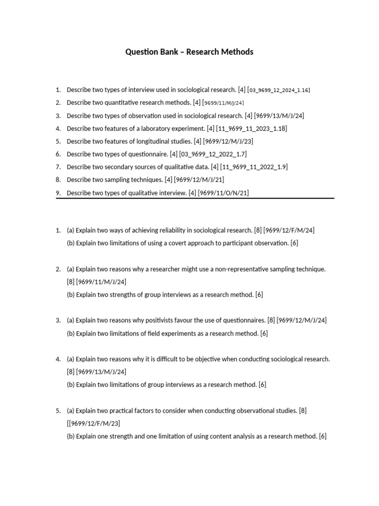Research Methods - Question Bank | PDF | Social Research | Sociology