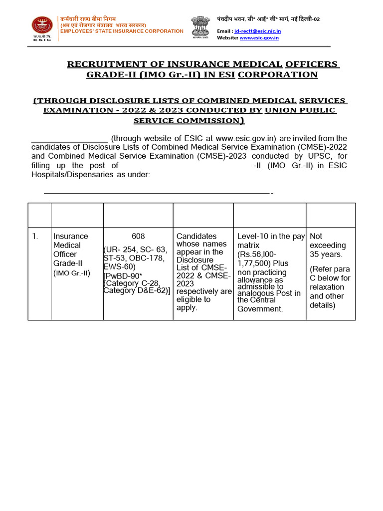 Recruitment of Insurance Medical Officers Grade-Ii (Imo Gr.-Ii) in Esi ...