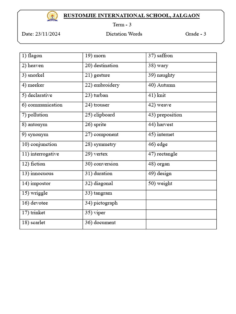 Grade 3 Dictation Word List | PDF