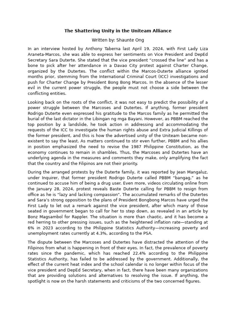 Crisis in the Uniteam Alliance | PDF | Rodrigo Duterte | Government