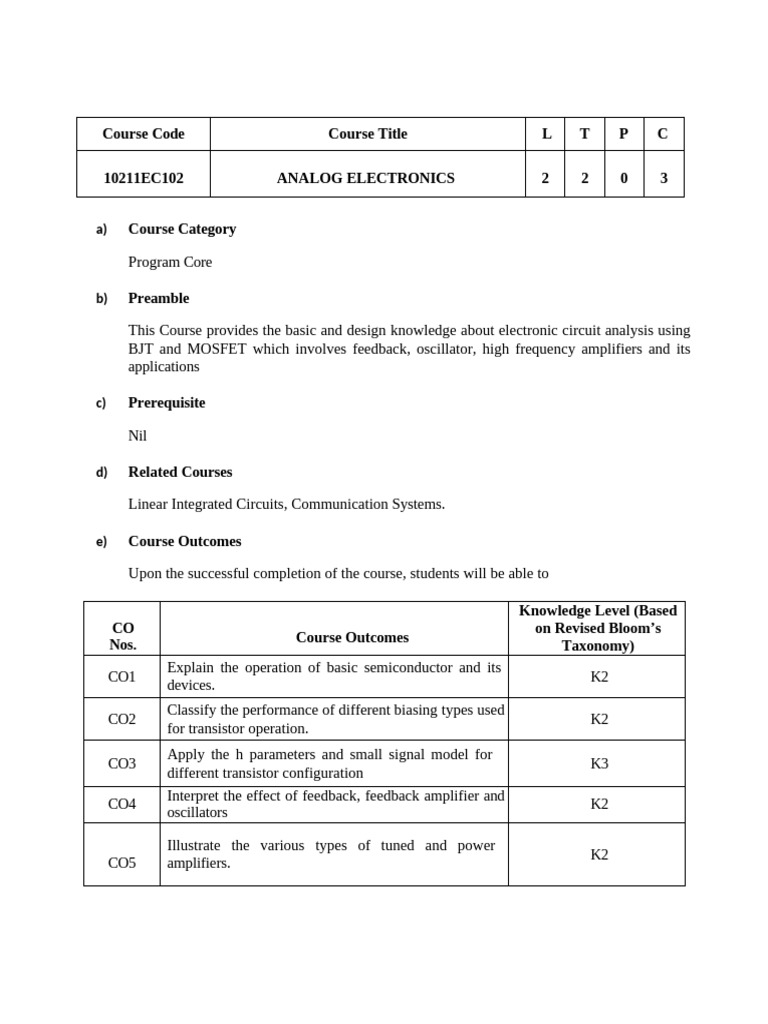 Analog Electronics Syllabus | PDF | Amplifier | Electronic Oscillator