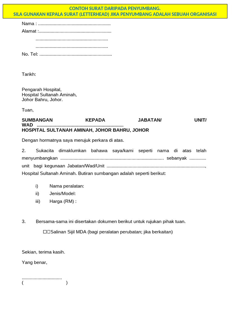 Contoh Surat Daripada Penyumbang Hadiah | PDF
