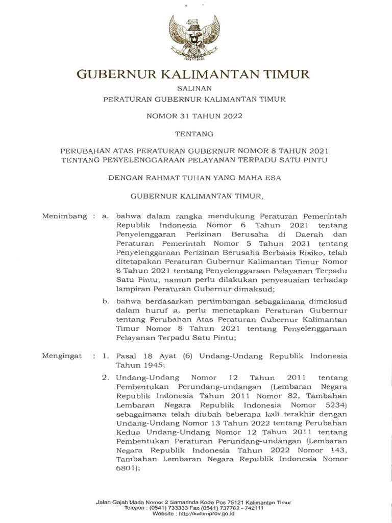 PERGUB 31-2022 TTG Perubahan Atas Peraturan Gubernur Nomor 8 Tahun 2021 Tentang Penyelenggaraan ...