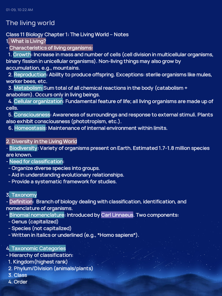 Class 11 Biology: Living World Notes | PDF | Taxonomy (Biology) | Life