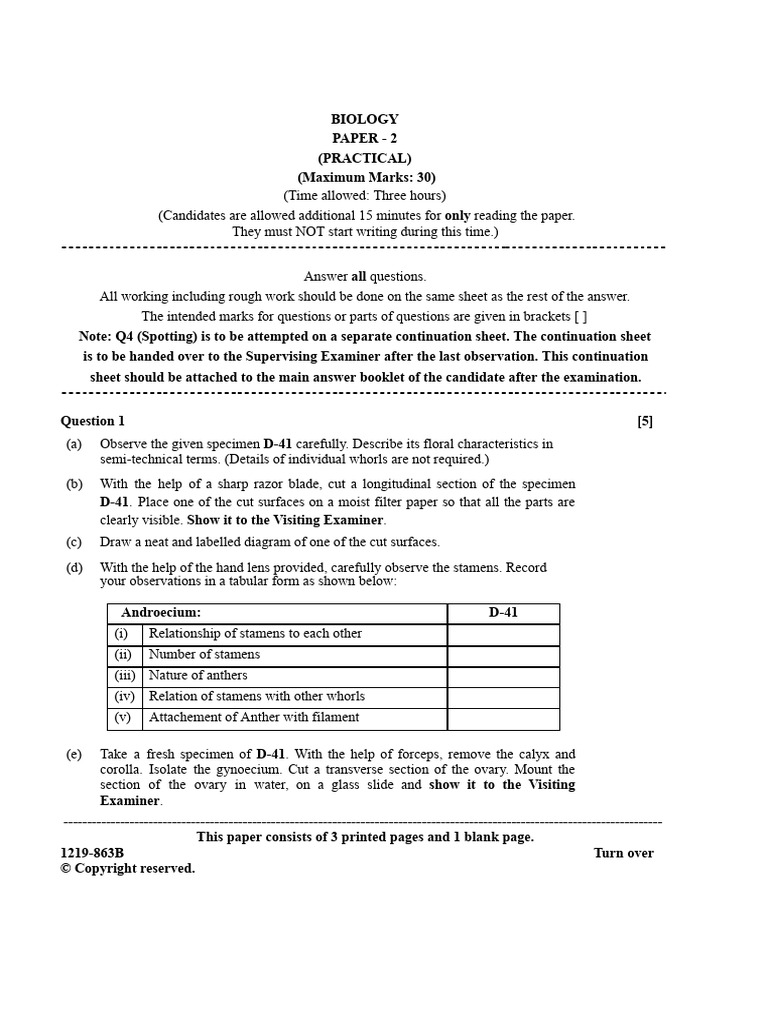 ISC Class 12 Biology Paper 2 (Practical) Question Paper - 2024 Mock ...