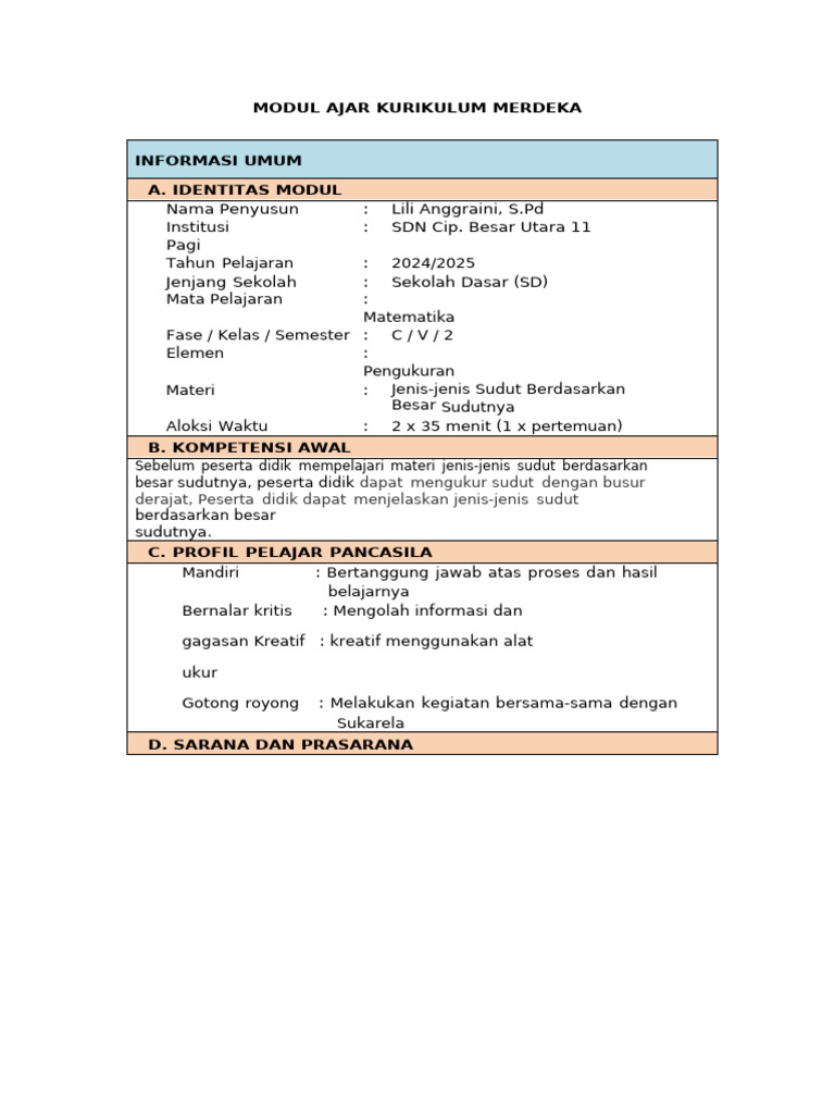 Modul Ajar MTK Jenis Sudut Kls 5a | PDF