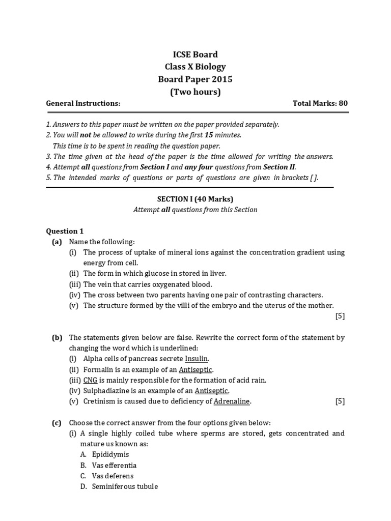 ICSE Class 10 BIOLOGY Previous Year Question Paper 2015 | PDF