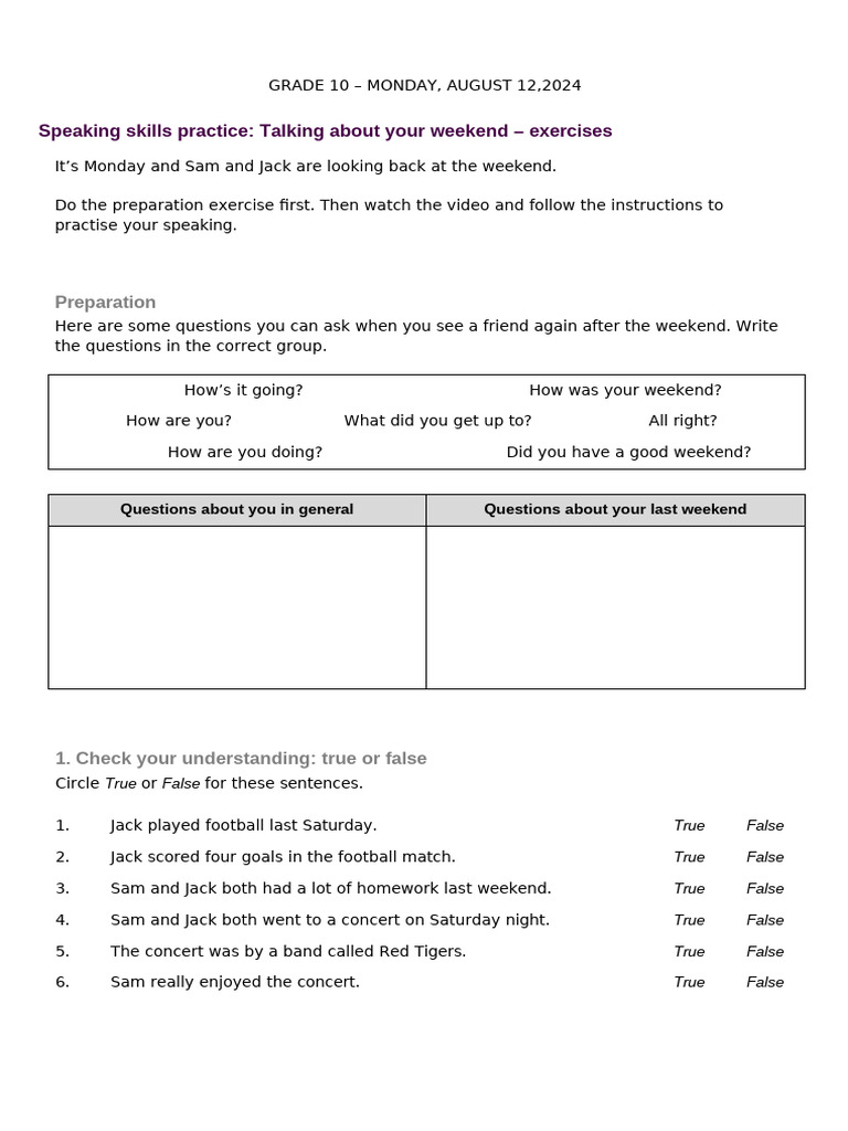 sPEAKING - Talking - About - Your - Weekend - exercises-GRADE 10-mONDAY ...