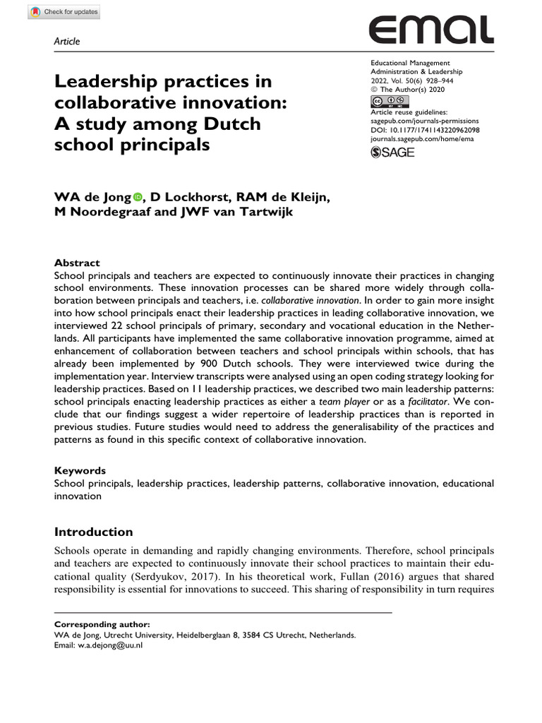 De Jong Et Al 2020 Leadership Practices in Collaborative Innovation A ...