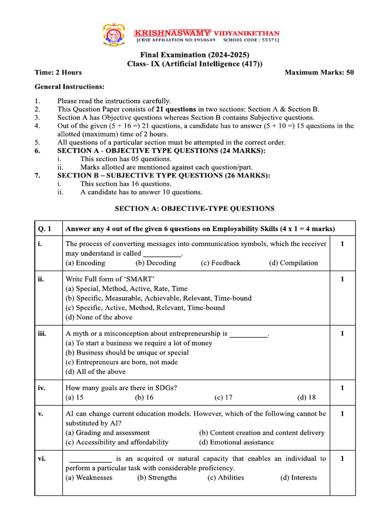Final Exam - Ai - G9 QP | PDF