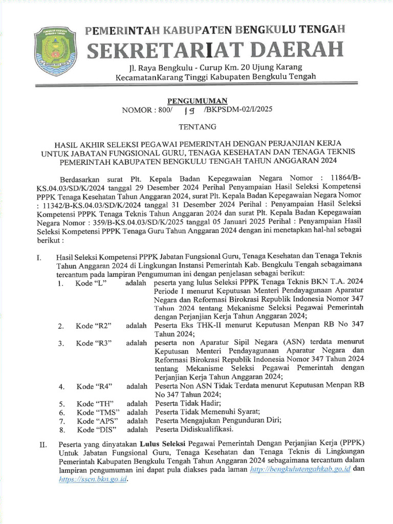 PENGUMUMAN Hasil Akhir Seleksi PPPK Tenaga Teknis-Kesehatan-Guru 2024 | PDF