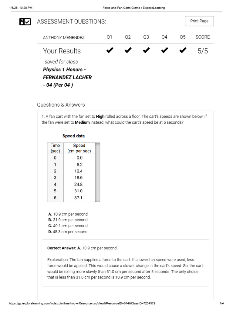 Force and Fan Carts Gizmo - ExploreLearning Anthony | PDF | Force