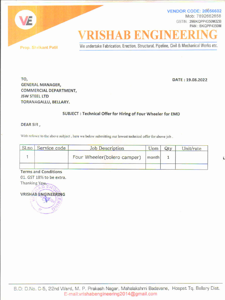 Technical Offer -VRISHABH | PDF
