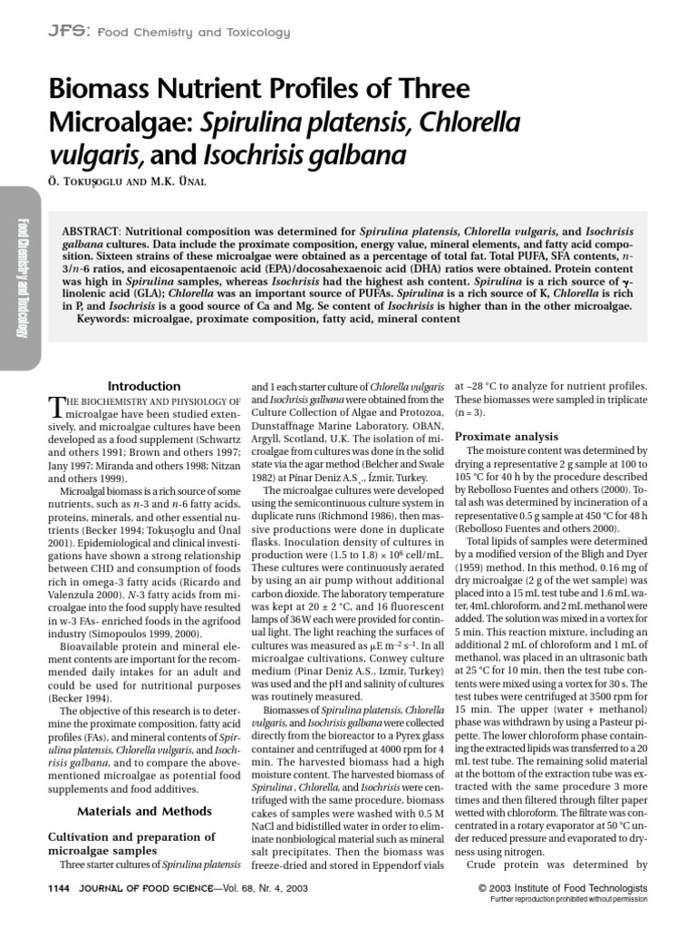 Nutritional Profiles of Three Microalgae | PDF | Chemistry