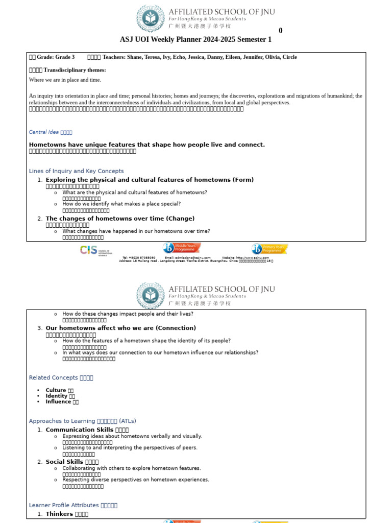 UOI - Weekly Planner Unit 3docx | PDF | Human Communication | Learning