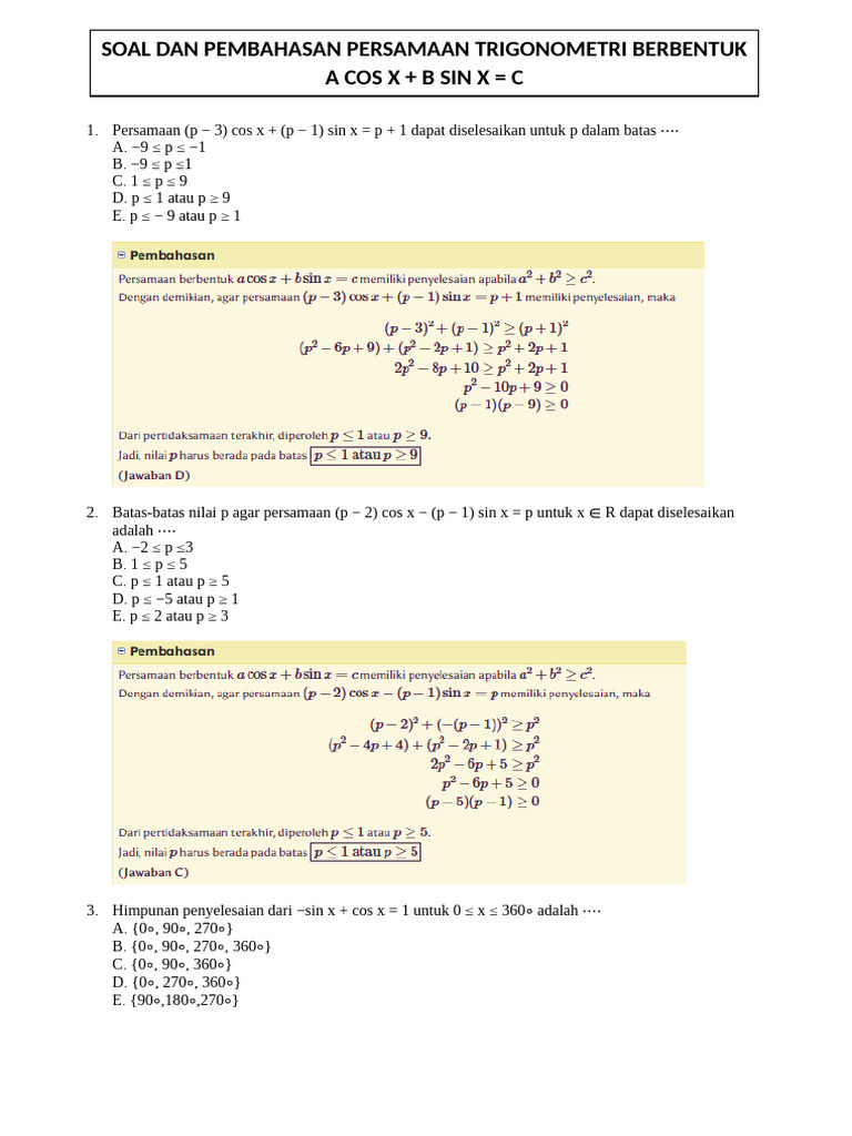 Soal Dan Pembahasan Persamaan Trigonometri Berbentuk A Cos X + B Sin X C | PDF