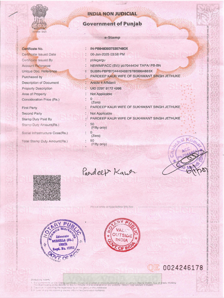 Pardeep Kaur Support Affidavit | PDF