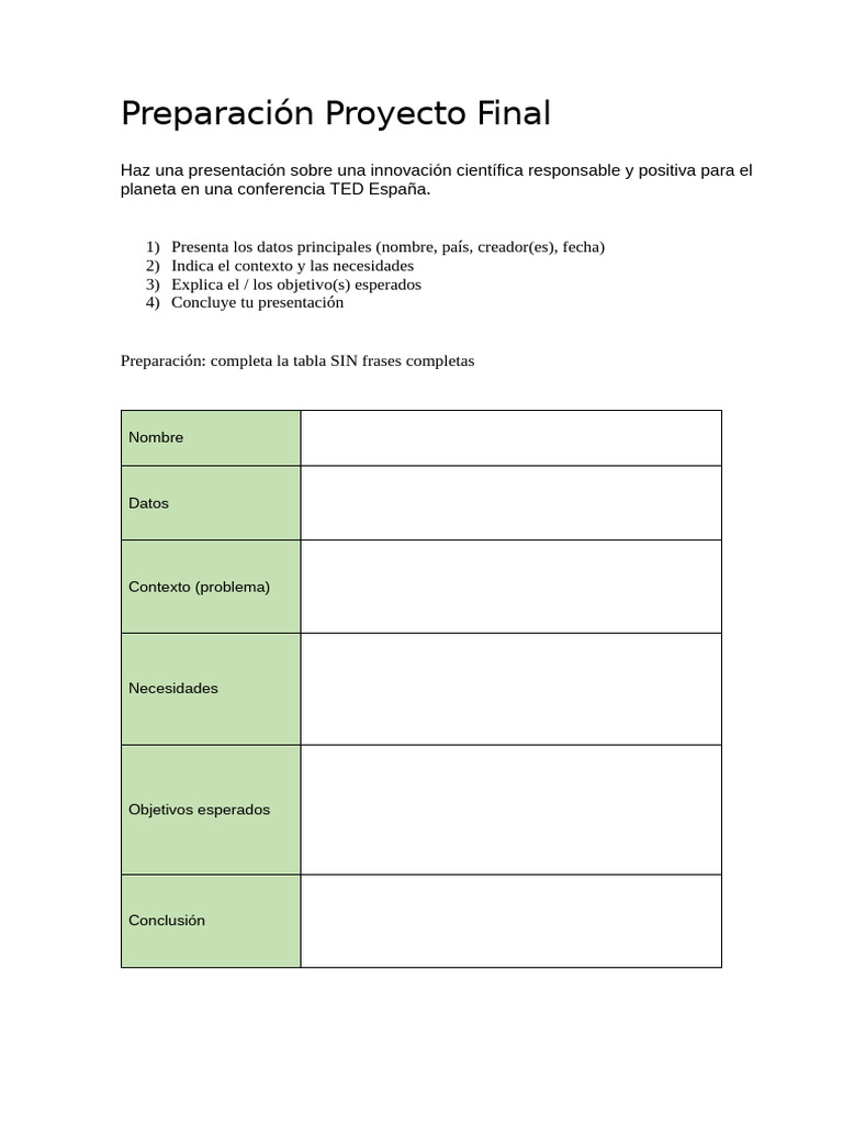 Preparación Proyecto Final Innov | PDF