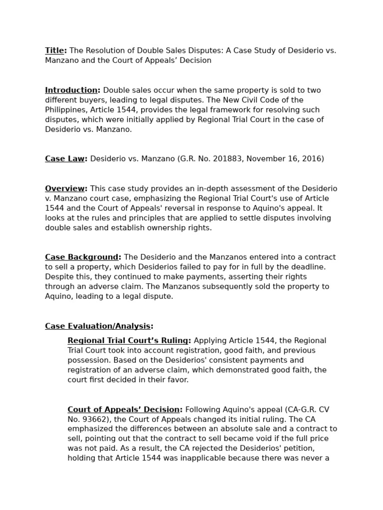 Double Sales Disputes: Desiderio Case Study | PDF | Judiciaries ...