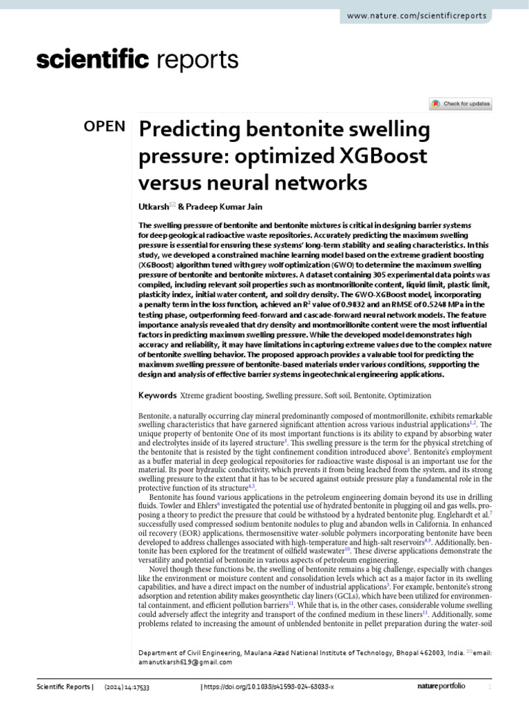 Predicting Bentonite Swelling Pressure Optimized XGBoost Versus Neural Networks | PDF ...