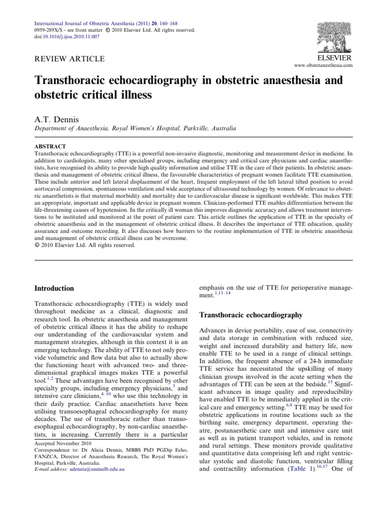Dennis. Transthoracic Echocardiography in Obstetric Anaesthesia and Obstetric CR | PDF ...