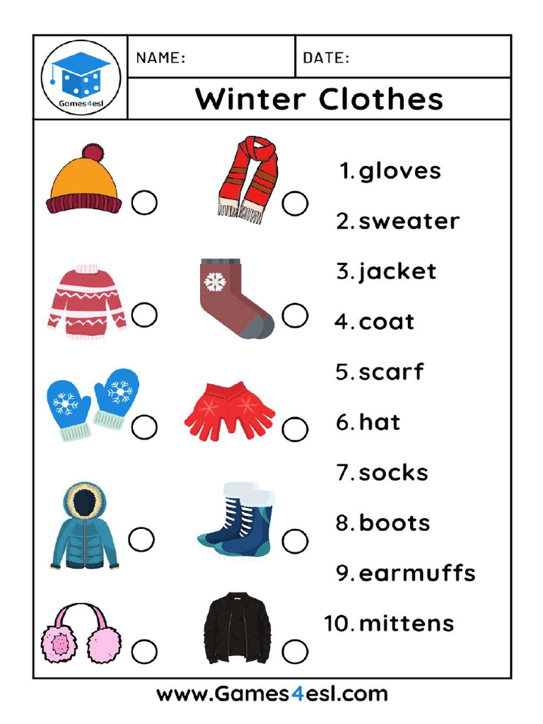 Winter Clothes Worksheets | PDF