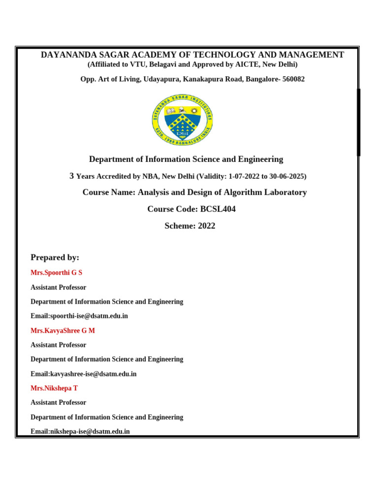 ADA Lab Manual Updated 2023-24 | PDF | Computer Programming | Discrete Mathematics