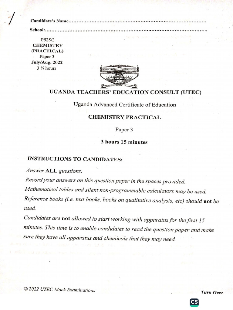 UACE UTEC CHEMISTRY PRACTICAL PAPER 3 | PDF