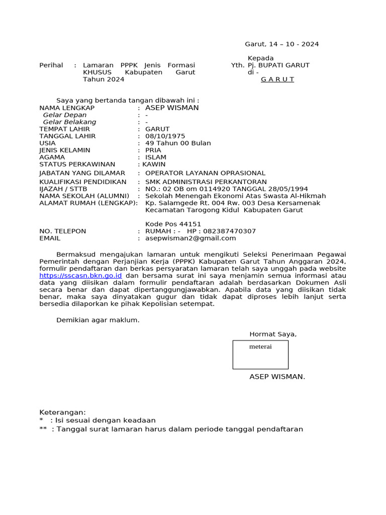 Format - Surat - Lamaran - PPPK - 2024 ASEP WISMAN | PDF
