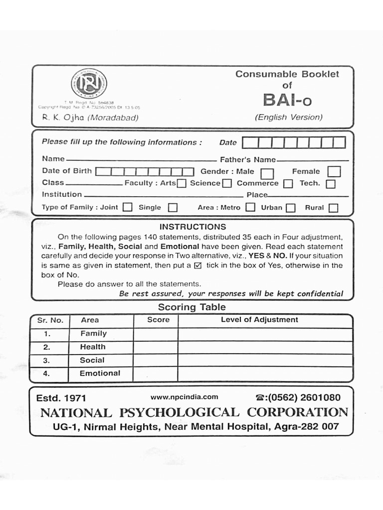 Questionnaire - Bell's Adjustment Inventory | PDF