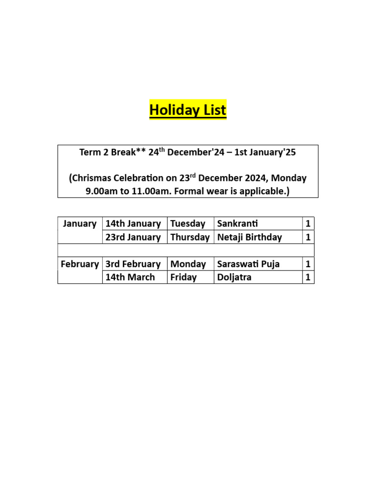 Holiday List | PDF