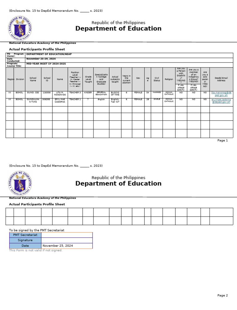 Mid-Year INSET 2024-2025 Participant Profiles | PDF | Philippines | Government