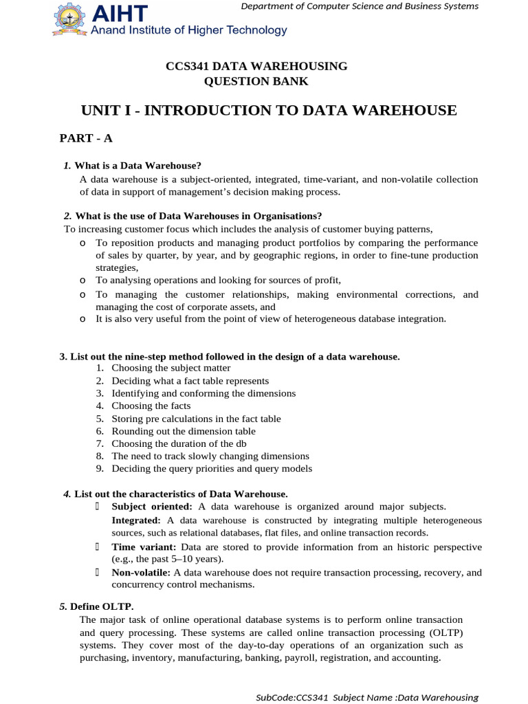 Question bank FORMAT | PDF | Data Warehouse | Conceptual Model