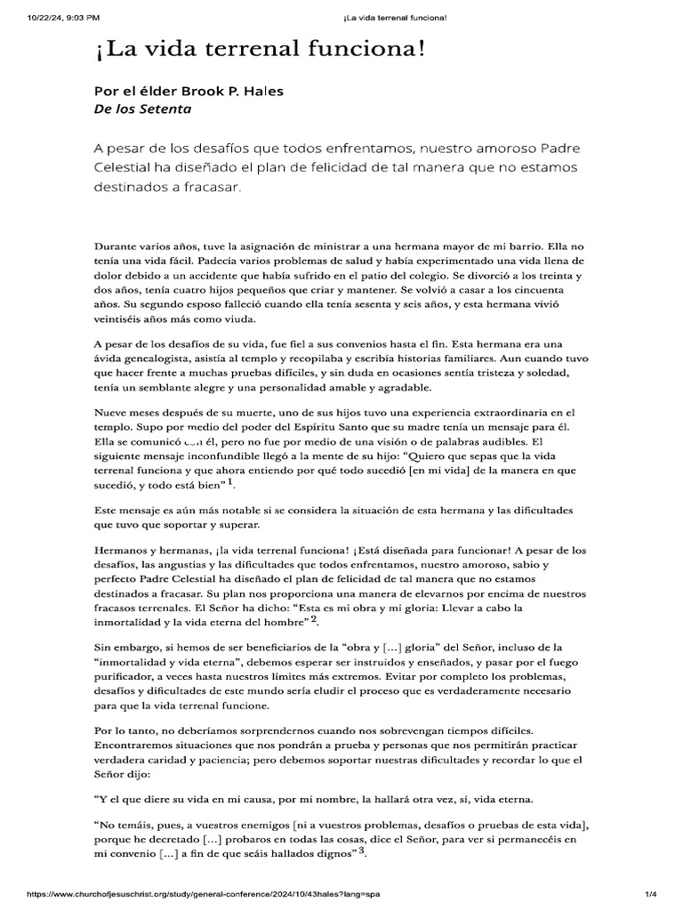 La Vida Terrenal Funciona - Por Elder Brook P. Hales de Los Setenta | PDF