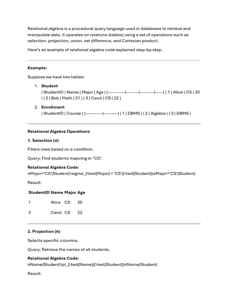 Relational Algebra is a Procedural Query Language Used in Databases to ... Relational Algebra is a Procedural Query Language Used in Databases to ...