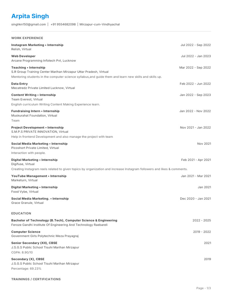ArpitaSingh InternshalaResume | PDF | World Wide Web | Internet & Web