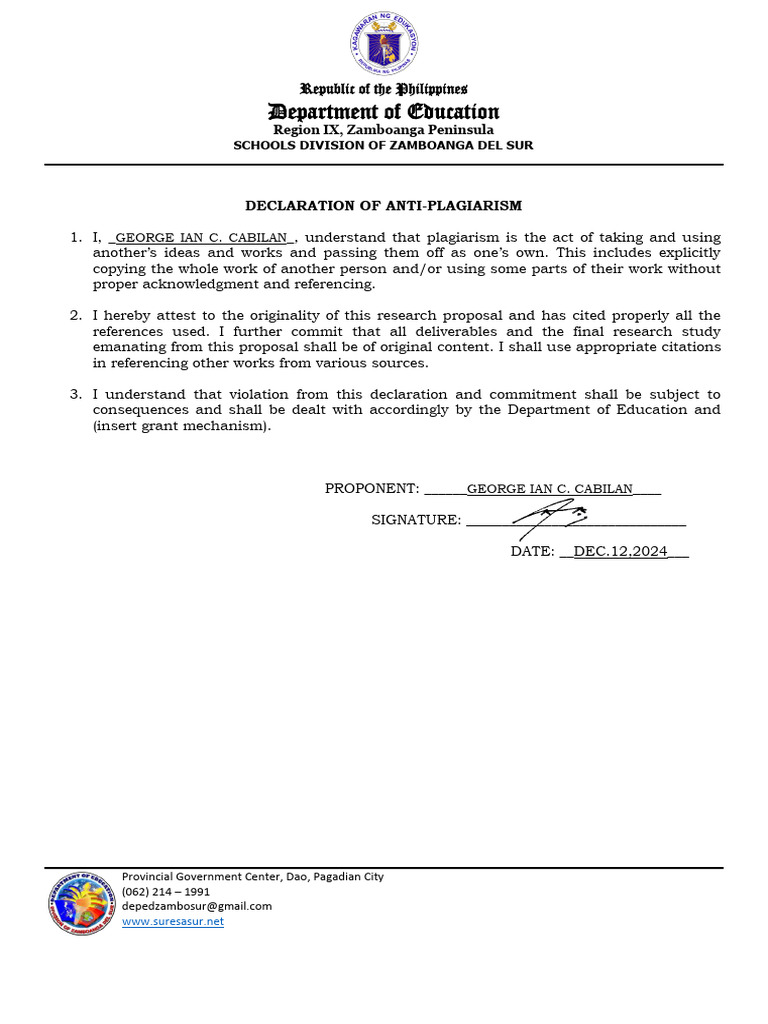 Declaration of Anti-Plagiarism | PDF