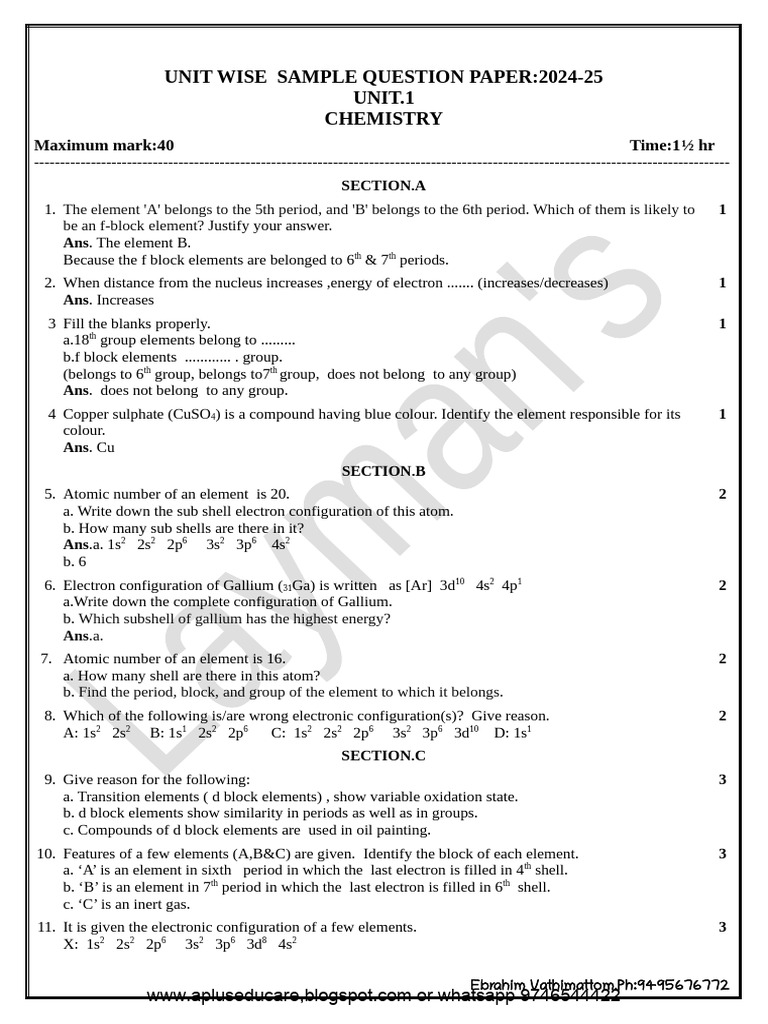 A+ Blog-Sslc Exam-2025-Chemistry-unit Wise Sample Question Paper-Set-1 (Em) | PDF | Electron ...