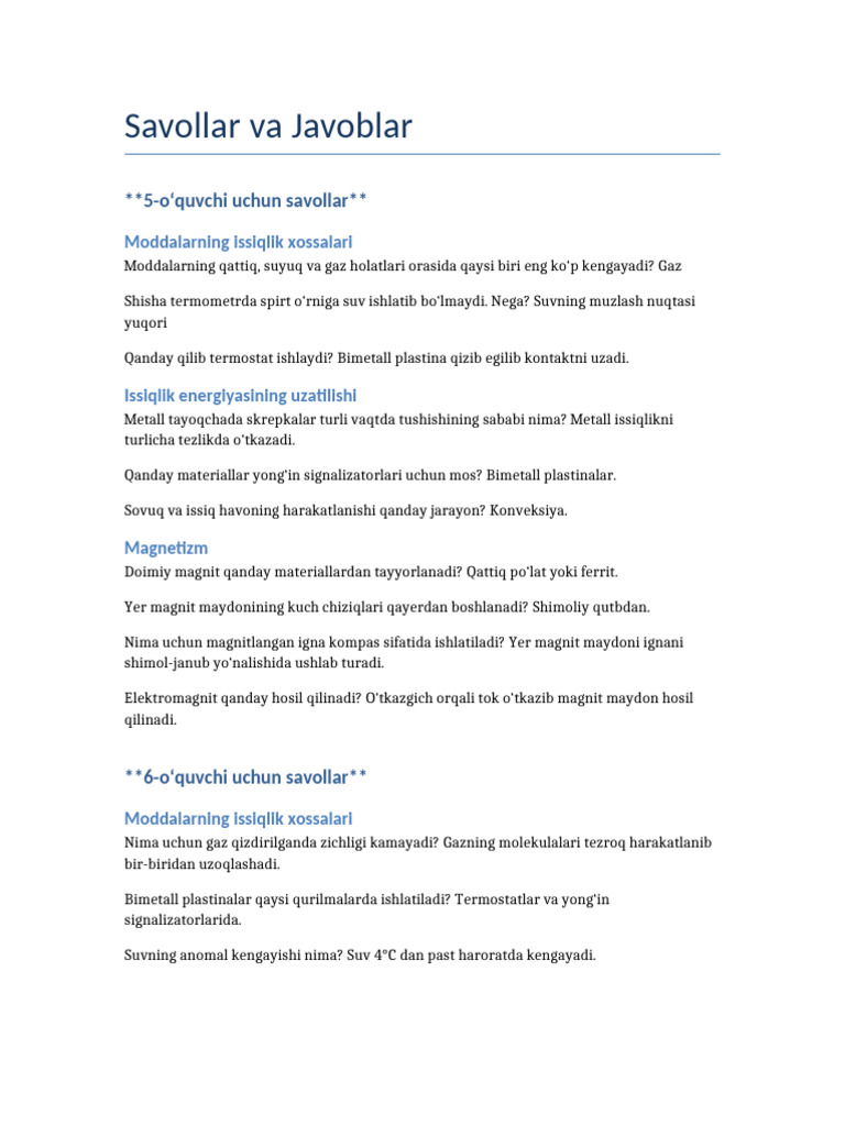 11 Oquvchi Savollar | PDF